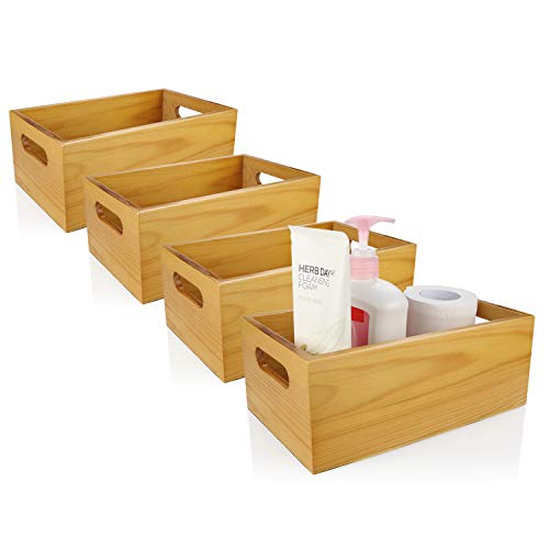 A Selected Pine Wood Organizer Open Box 4 Packs, 6x10 Wooden Storage Container with Handle for Bathroom and Kitchen