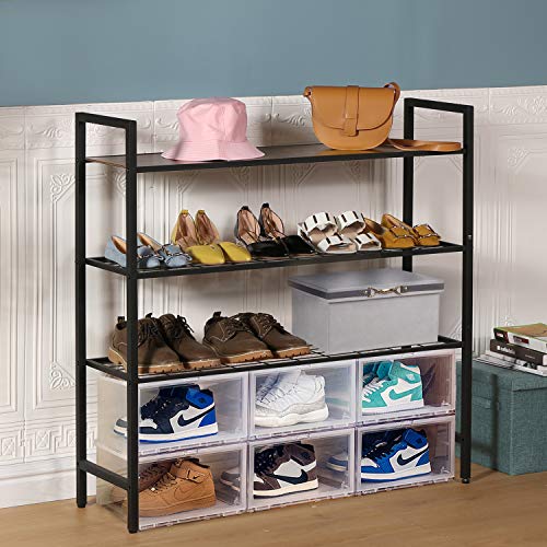 VECELO Shoe Rack Entryway Storage Stand with Removable Side Pockets, 4-Tier Organizer, Brown