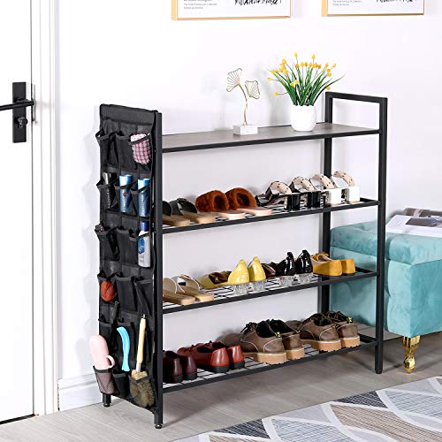 VECELO Shoe Rack Entryway Storage Stand with Removable Side Pockets, 4-Tier Organizer, Brown