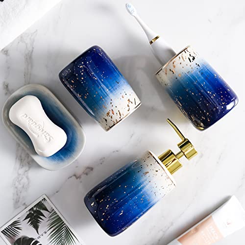 Bathroom Accessory Set, Ceramic Bathroom Accessories Set Blue, 4 Piece Navy Starry Washing Set of 2 Gargle Cups, Soap Dish, Lotion Dispenser, Bathroom Countertop Ceramic Accessory Set Bathroom Decor