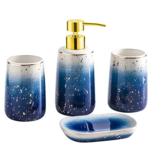 Bathroom Accessory Set, Ceramic Bathroom Accessories Set Blue, 4 Piece Navy Starry Washing Set of 2 Gargle Cups, Soap Dish, Lotion Dispenser, Bathroom Countertop Ceramic Accessory Set Bathroom Decor