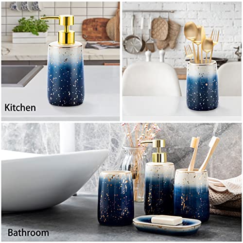 Bathroom Accessory Set, Ceramic Bathroom Accessories Set Blue, 4 Piece Navy Starry Washing Set of 2 Gargle Cups, Soap Dish, Lotion Dispenser, Bathroom Countertop Ceramic Accessory Set Bathroom Decor