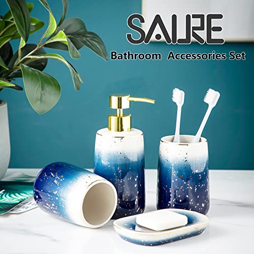 Bathroom Accessory Set, Ceramic Bathroom Accessories Set Blue, 4 Piece Navy Starry Washing Set of 2 Gargle Cups, Soap Dish, Lotion Dispenser, Bathroom Countertop Ceramic Accessory Set Bathroom Decor