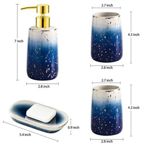 Bathroom Accessory Set, Ceramic Bathroom Accessories Set Blue, 4 Piece Navy Starry Washing Set of 2 Gargle Cups, Soap Dish, Lotion Dispenser, Bathroom Countertop Ceramic Accessory Set Bathroom Decor