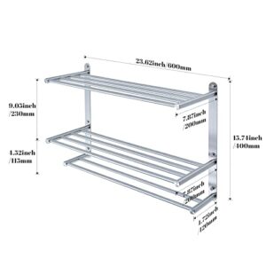 Bathroom Towel Rack 3 Tier with 24-Inch Multilayer Hotel Racks 304 Stainless Steel Towel Bar Shelf Wall-Mounted Brushed Finish Bar withTowel Shelves,3-Tier Bar Mounted Hotel Racks