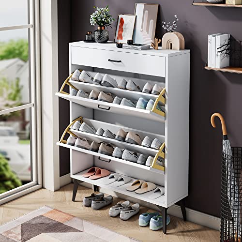 ME2 Shoe Cabinet for Entryway with 1 Slide Drawer & 2 Flip Drawers, Freestanding Shoe Rack Storage Organizer (White)