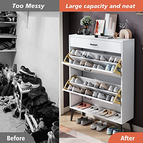 ME2 Shoe Cabinet for Entryway with 1 Slide Drawer & 2 Flip Drawers, Freestanding Shoe Rack Storage Organizer (White)