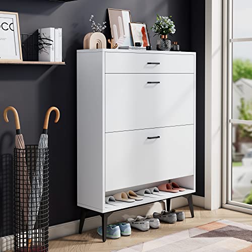 ME2 Shoe Cabinet for Entryway with 1 Slide Drawer & 2 Flip Drawers, Freestanding Shoe Rack Storage Organizer (White)