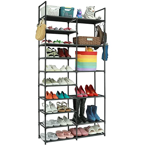 LNYZQUS 10 Tier Tall Shoe Rack Boots Organizer, Black Large Shoe Shelves Shoe Stand For 30-36 Pairs,Vertical Stackable Shoe Organizer Sturdy Shoe Tower For Garage Bedroom