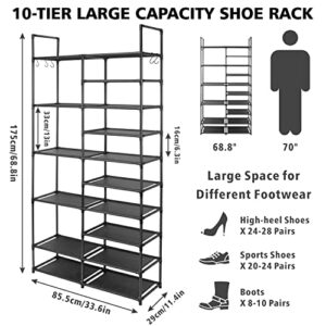 LNYZQUS 10 Tier Tall Shoe Rack Boots Organizer, Black Large Shoe Shelves Shoe Stand For 30-36 Pairs,Vertical Stackable Shoe Organizer Sturdy Shoe Tower For Garage Bedroom