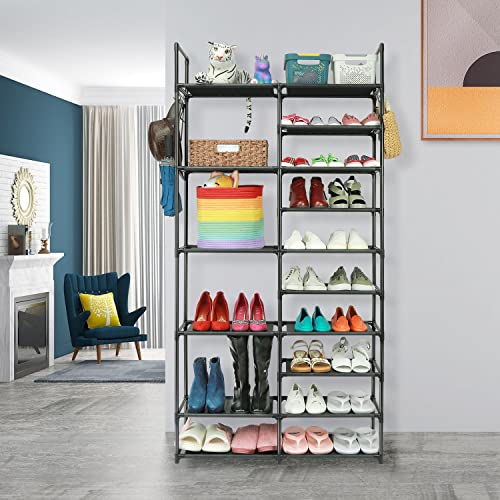 LNYZQUS 10 Tier Tall Shoe Rack Boots Organizer, Black Large Shoe Shelves Shoe Stand For 30-36 Pairs,Vertical Stackable Shoe Organizer Sturdy Shoe Tower For Garage Bedroom