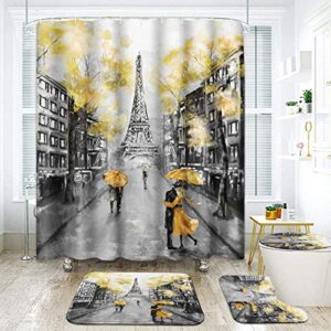 artsocket 4 pcs shower curtain set oil painting paris european city landscape yellow modern vintage black with non-slip rugs toilet lid cover and bath mat bathroom decor set 72" x 72"