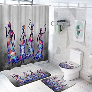 duobaorom 4 pieces set african american shower curtain set abstract black dancing girl picture print on non-slip rugs toilet lid cover bath mat and bathroom curtain with 12 hooks 72x72inch