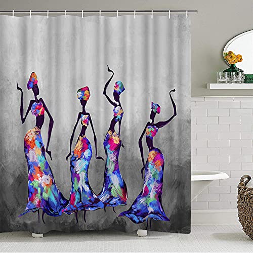 DuoBaorom 4 Pieces Set African American Shower Curtain Set Abstract Black Dancing Girl Picture Print on Non-Slip Rugs Toilet Lid Cover Bath Mat and Bathroom Curtain with 12 Hooks 72x72inch