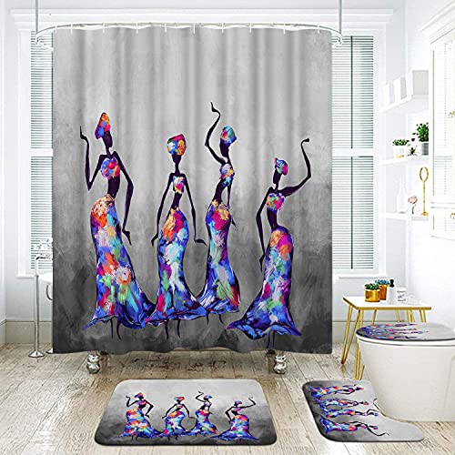 DuoBaorom 4 Pieces Set African American Shower Curtain Set Abstract Black Dancing Girl Picture Print on Non-Slip Rugs Toilet Lid Cover Bath Mat and Bathroom Curtain with 12 Hooks 72x72inch