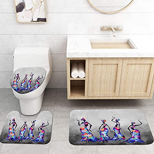 DuoBaorom 4 Pieces Set African American Shower Curtain Set Abstract Black Dancing Girl Picture Print on Non-Slip Rugs Toilet Lid Cover Bath Mat and Bathroom Curtain with 12 Hooks 72x72inch