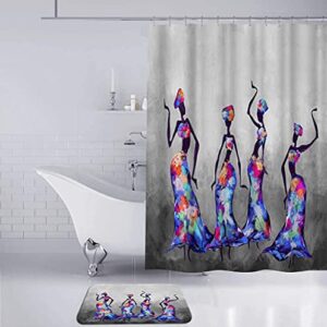 DuoBaorom 4 Pieces Set African American Shower Curtain Set Abstract Black Dancing Girl Picture Print on Non-Slip Rugs Toilet Lid Cover Bath Mat and Bathroom Curtain with 12 Hooks 72x72inch