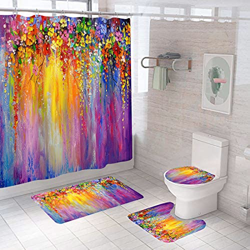 4 Pcs Purple Flower Shower Curtain Sets with Non-Slip Soft Shower Rugs, Microfiber Shaggy Water Absorbent Bath Mat,Bathroom Set Theme with Colorful Waterproof Shower Curtains