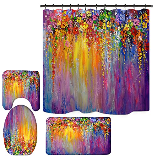 4 Pcs Purple Flower Shower Curtain Sets with Non-Slip Soft Shower Rugs, Microfiber Shaggy Water Absorbent Bath Mat,Bathroom Set Theme with Colorful Waterproof Shower Curtains