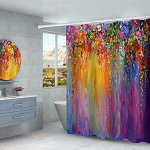 4 Pcs Purple Flower Shower Curtain Sets with Non-Slip Soft Shower Rugs, Microfiber Shaggy Water Absorbent Bath Mat,Bathroom Set Theme with Colorful Waterproof Shower Curtains