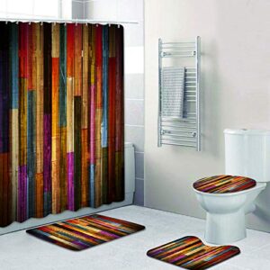 shower curtains with bath rugs non-slip soft toilet lid cover for bathroom ,waterproof home tub curtains sets with memory foam rugs ,3d print durable polyester fabric four-piece colored wood