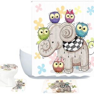 amagical 16 piece bathroom mat set shower curtain set cute cartoon elephant and owls on a floral background bath mat contour mat toilet cover shower curtain with 12 hooks