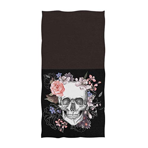 Naanle Chic Skull and Flowers Day of The Dead Style Pattern Soft Absorbent Large Hand Towels for Bathroom, Hotel, Gym and Kitchen (16 x 30 Inches,Black)