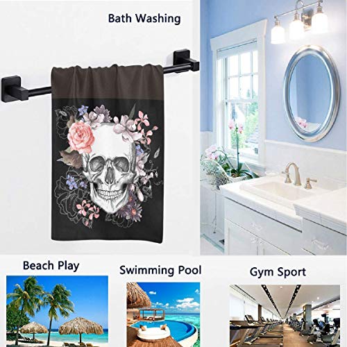 Naanle Chic Skull and Flowers Day of The Dead Style Pattern Soft Absorbent Large Hand Towels for Bathroom, Hotel, Gym and Kitchen (16 x 30 Inches,Black)