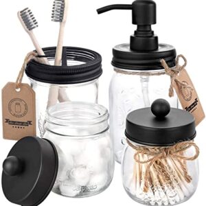 kuangMEIX Mason Jar Bathroom Accessories Lids Set(4Pcs),Jars Not Included Foaming Soap Dispenser & 2 Apothecary Jars & Toothbrush Holder for Regular Mouth Rustic Farmhouse Decor Bathroom Countertop