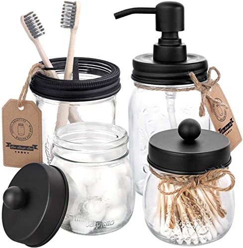 kuangMEIX Mason Jar Bathroom Accessories Lids Set(4Pcs),Jars Not Included Foaming Soap Dispenser & 2 Apothecary Jars & Toothbrush Holder for Regular Mouth Rustic Farmhouse Decor Bathroom Countertop