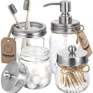 kuangMEIX Mason Jar Bathroom Accessories Lids Set(4Pcs),Jars Not Included Foaming Soap Dispenser & 2 Apothecary Jars & Toothbrush Holder for Regular Mouth Rustic Farmhouse Decor Bathroom Countertop