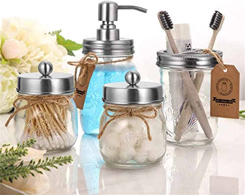 kuangMEIX Mason Jar Bathroom Accessories Lids Set(4Pcs),Jars Not Included Foaming Soap Dispenser & 2 Apothecary Jars & Toothbrush Holder for Regular Mouth Rustic Farmhouse Decor Bathroom Countertop