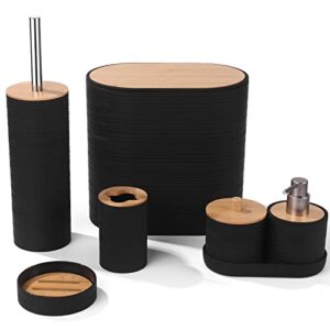 bamboo bathroom accessories set with trash can, vanity tray,tumbler, qtip holder, soap dispenser, soap dish, toilet brush,black