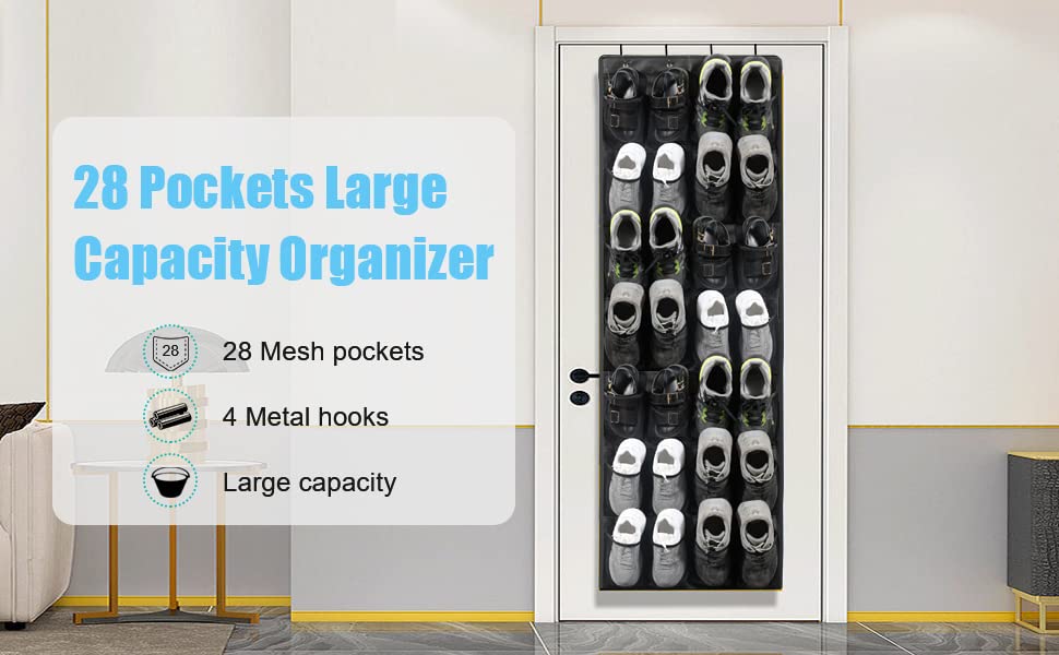 FIRCRE 28 Large Pockets Over The Door Shoe Organizer,Hanging Door Shoe Holder Rack with Mesh Pockets Size 65 x 23 Inch (1Pcs Black)