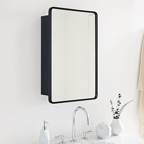 TEHOME Surface Mount 16x24 Black Bathroom Medicine Cabinet with Mirror Matt Black Metal Framed Rounded Rectangle Medicine Cabinet with Beveled Mirror