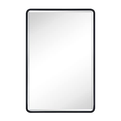 TEHOME Surface Mount 16x24 Black Bathroom Medicine Cabinet with Mirror Matt Black Metal Framed Rounded Rectangle Medicine Cabinet with Beveled Mirror