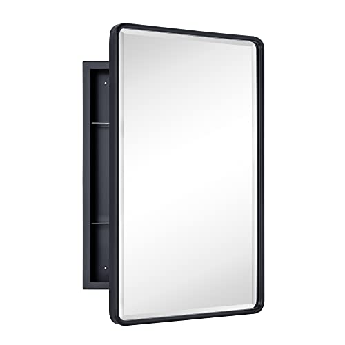 TEHOME Surface Mount 16x24 Black Bathroom Medicine Cabinet with Mirror Matt Black Metal Framed Rounded Rectangle Medicine Cabinet with Beveled Mirror