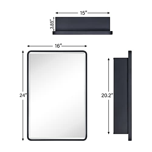 TEHOME Surface Mount 16x24 Black Bathroom Medicine Cabinet with Mirror Matt Black Metal Framed Rounded Rectangle Medicine Cabinet with Beveled Mirror