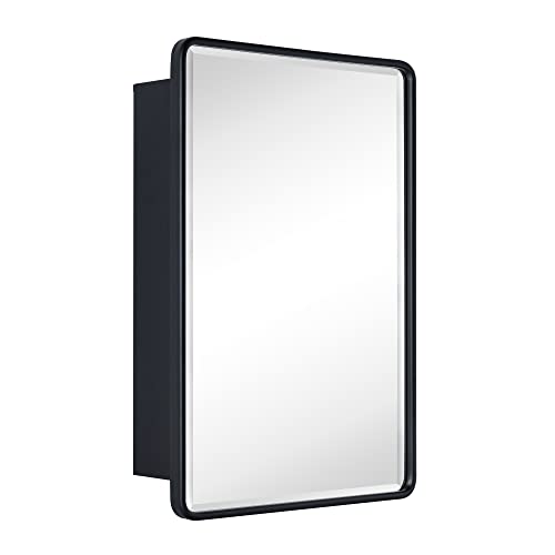 TEHOME Surface Mount 16x24 Black Bathroom Medicine Cabinet with Mirror Matt Black Metal Framed Rounded Rectangle Medicine Cabinet with Beveled Mirror