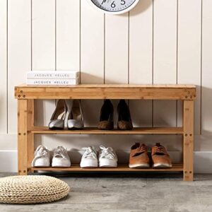 bonzy home shoe rack bench storage organizer 3 tier entryway shoe storage rustic bamboo shoe rack for entryway bedroom bathroom living room hallway, natural