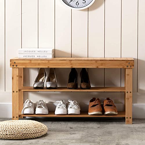 Bonzy Home Shoe Rack Bench Storage Organizer 3 Tier Entryway Shoe Storage Rustic Bamboo Shoe Rack for Entryway Bedroom Bathroom Living Room Hallway, Natural