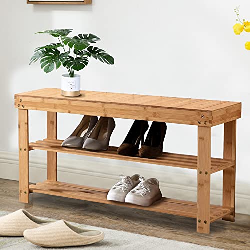 Bonzy Home Shoe Rack Bench Storage Organizer 3 Tier Entryway Shoe Storage Rustic Bamboo Shoe Rack for Entryway Bedroom Bathroom Living Room Hallway, Natural