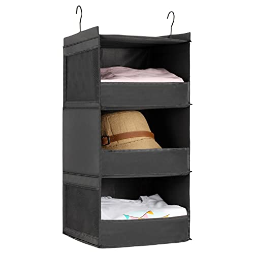 DonYeco 3-Shelf Hanging Closet Organizers and Storage, Collapsible Closet Storage Organizer with 4 Side-Pockets, for RV Wardrobe Camp, Hanging Organizer for Shoes Toys Baby Clothes