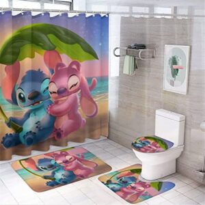 fmsnupz cartoon shower curtain 4pcs set, cute bathroom decor with non-slip rugs, toilet lid cover and bath mat, waterproof fabric shower curtains with 12 hooks, 70.8"x70.8"