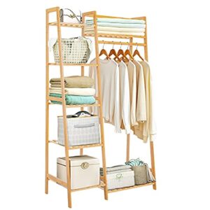 jotsport bamboo clothes rack with 7 tier storage shelves clothing hanging stand for small spaces children's wardrobe closet, multifunctional plant stand