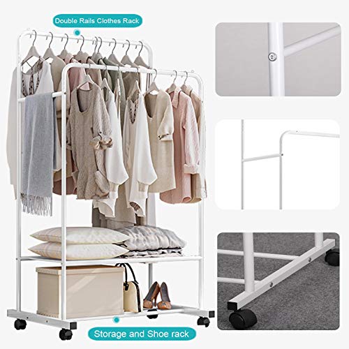 Untyo Clothing Rack with Wheels Double Rails Clothes Rack Rolling Rack for Indoor Bedroom Clothes Rack Max Load 110LBS Shelf on Wheels(White)