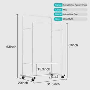 Untyo Clothing Rack with Wheels Double Rails Clothes Rack Rolling Rack for Indoor Bedroom Clothes Rack Max Load 110LBS Shelf on Wheels(White)