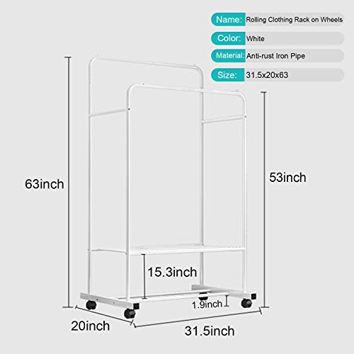 Untyo Clothing Rack with Wheels Double Rails Clothes Rack Rolling Rack for Indoor Bedroom Clothes Rack Max Load 110LBS Shelf on Wheels(White)