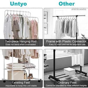 Untyo Clothing Rack with Wheels Double Rails Clothes Rack Rolling Rack for Indoor Bedroom Clothes Rack Max Load 110LBS Shelf on Wheels(White)