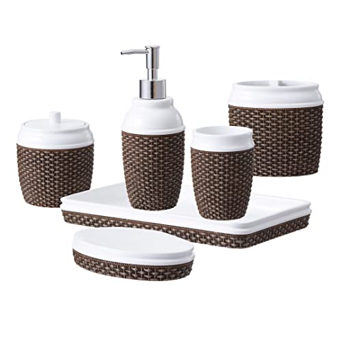 Motifeur Bathroom Accessories Set, 6-Piece Resin Bath Accessory Complete Set with Lotion Dispenser/Soap Pump, Cotton Jar, Vanity Tray, Soap Dish, Tumbler and Toothbrush Holder (Brown and White)